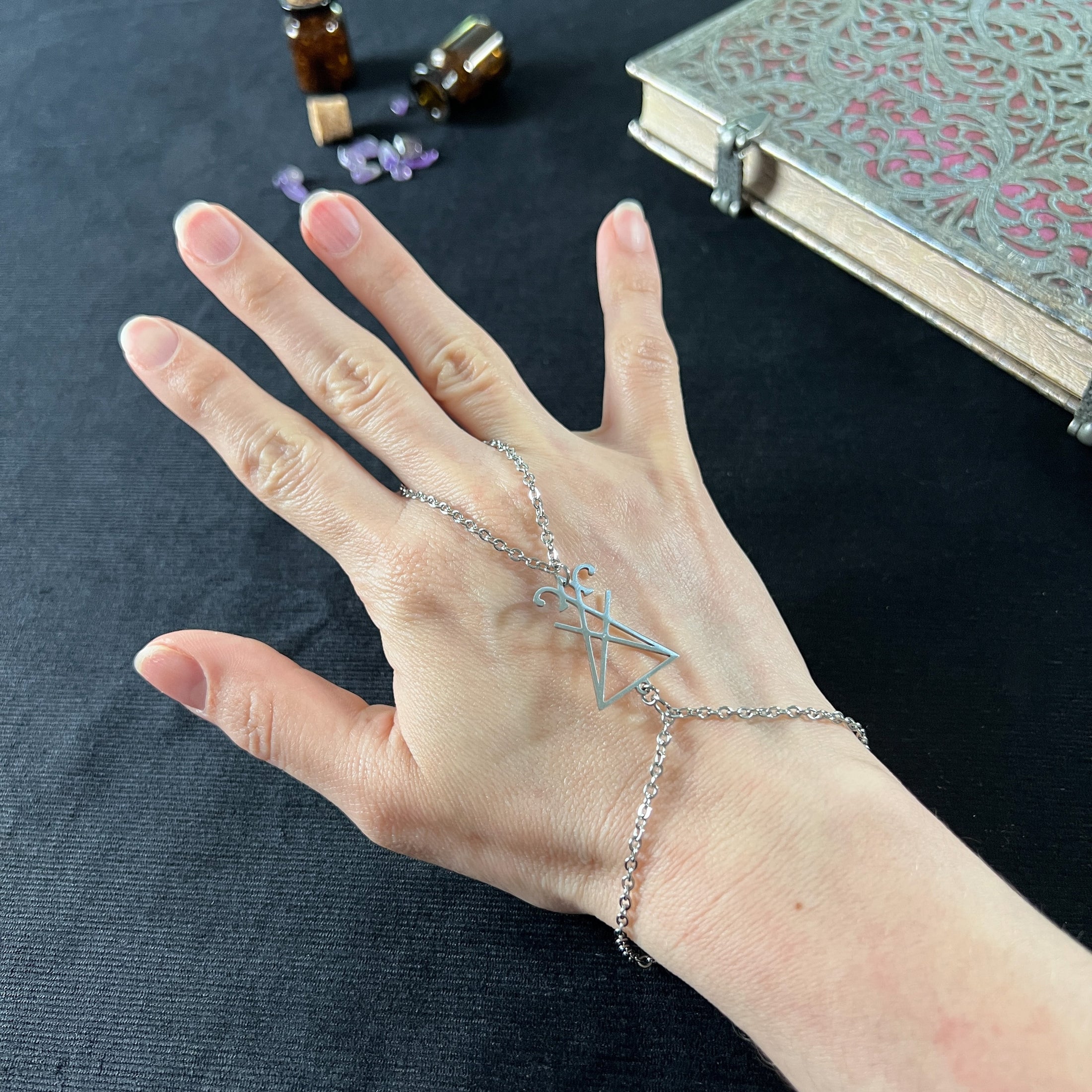 Lucifer sigil ring bracelet hand chain – Baguette Magick