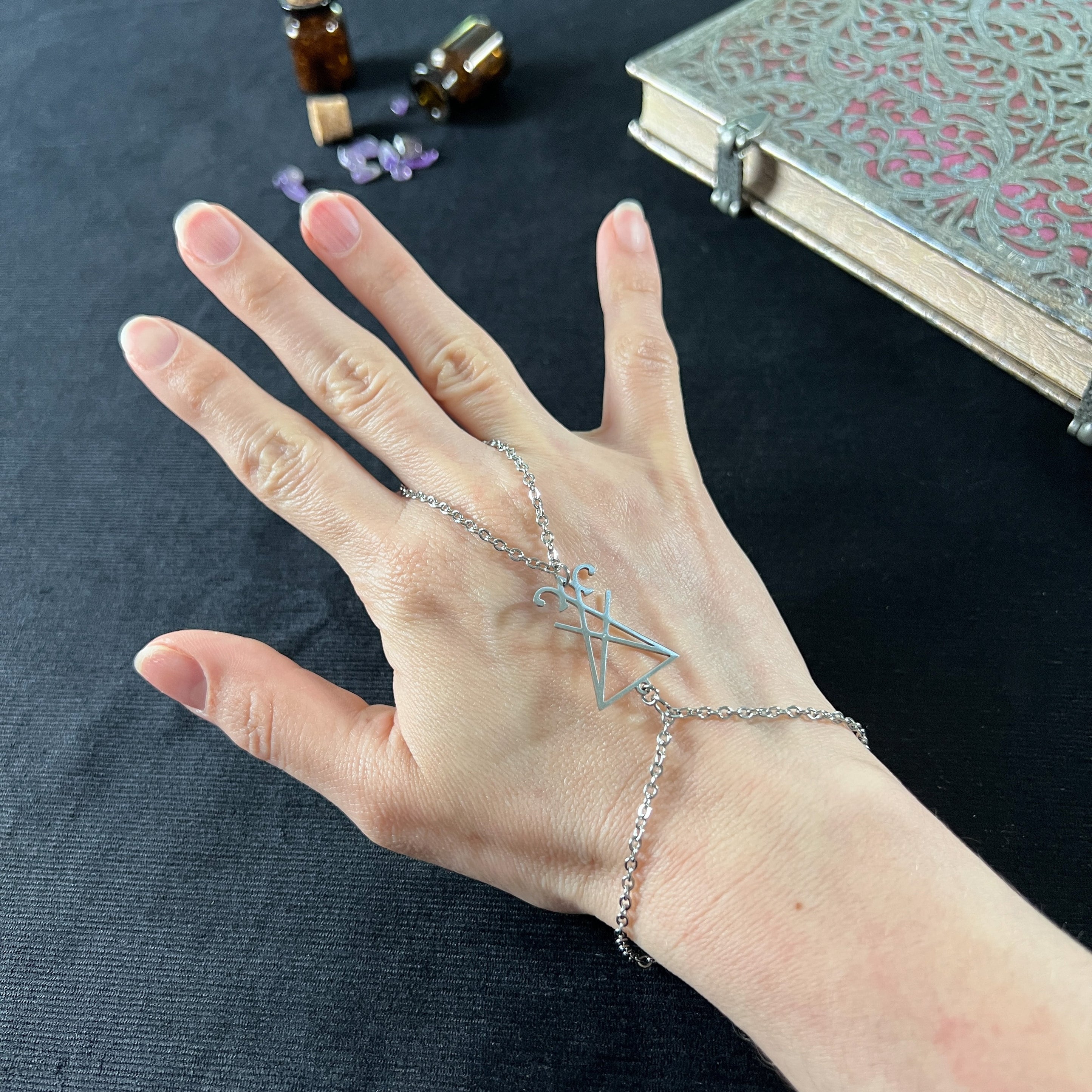 Lucifer sigil ring bracelet hand chain – Baguette Magick
