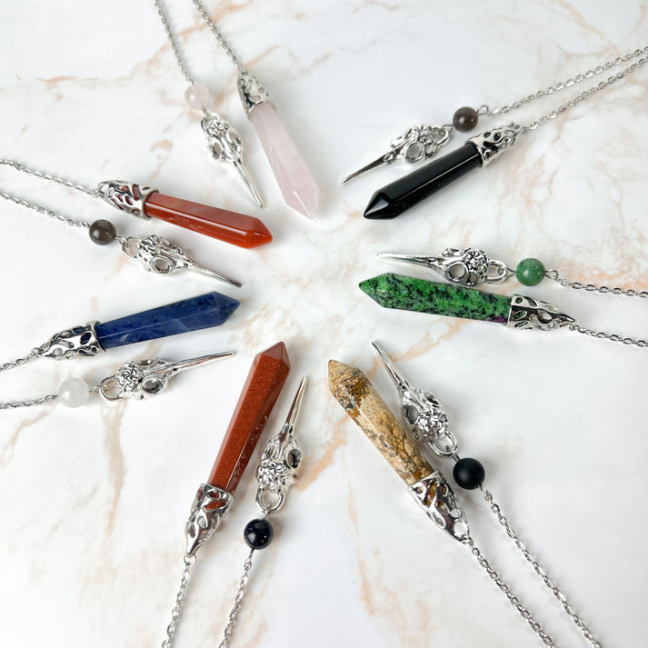 Bird skull dowsing pendulum, multiple gemstones – Baguette Magick